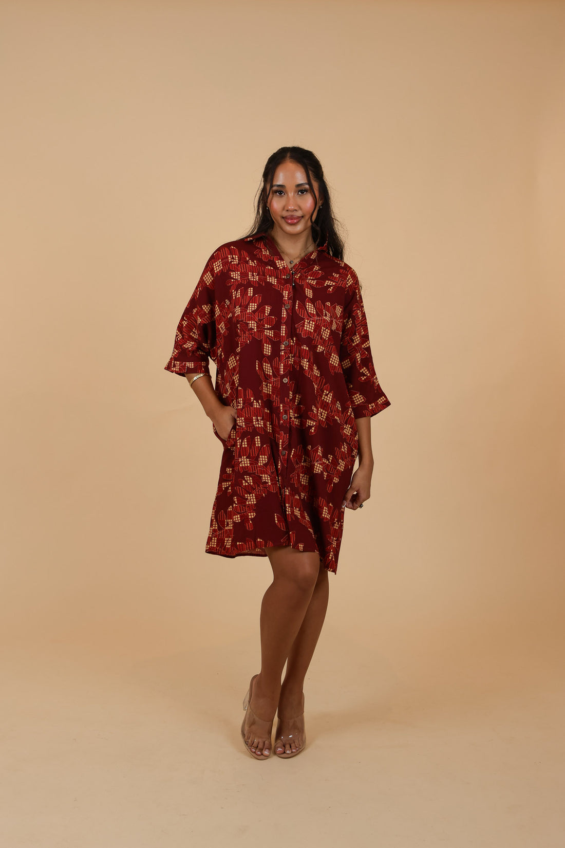 Aloha Button Down Dress | Palaka Fern Red – LexBreezy Hawaii